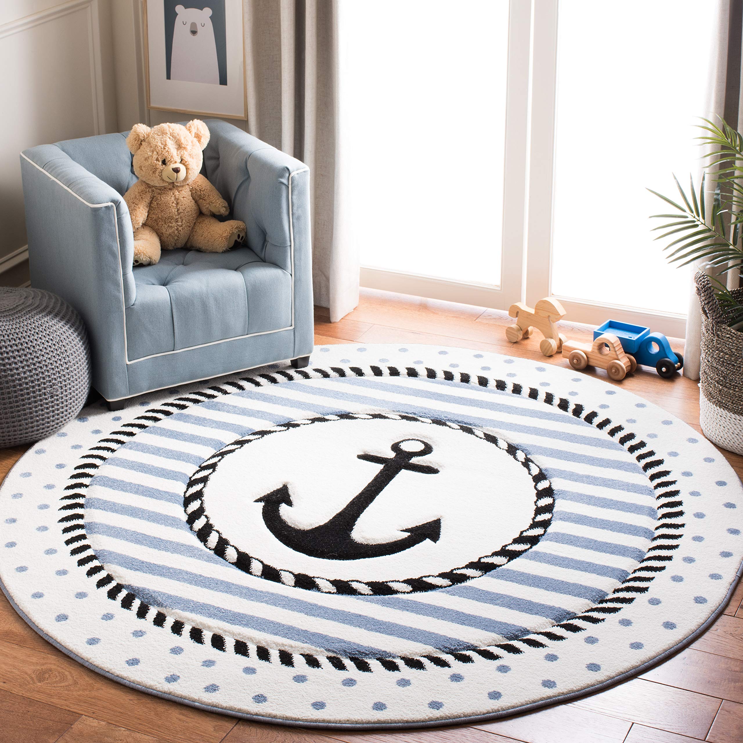 SAFAVIEH Carousel Kids Collection 3' Round Ivory/Navy CRK124A Nautical Anchor Non-Shedding Nursery Playroom Area Rug