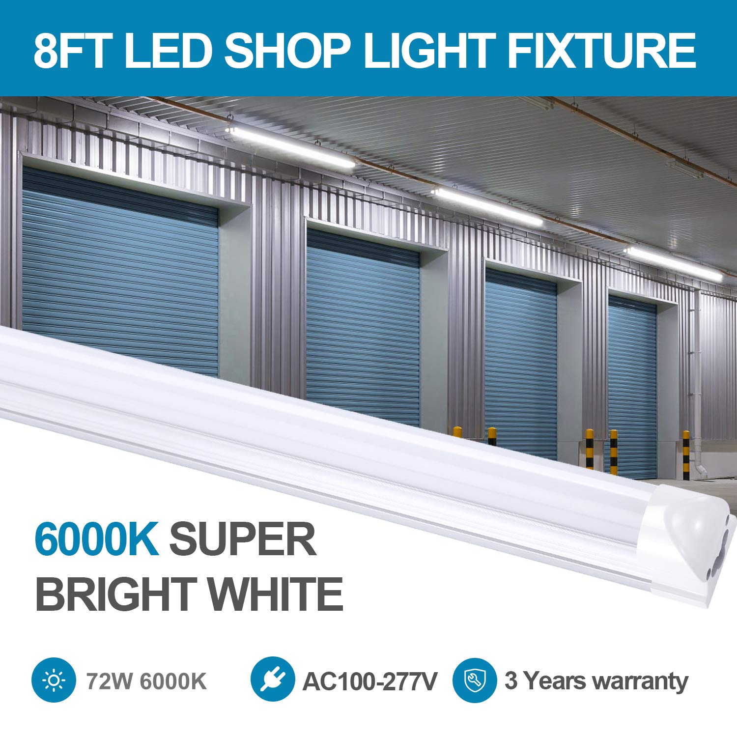 8Ft LED Shop Light Fixture, 72W, 8640LM, 6000K, T8 Integrated LED Tube Light, High Output, Brighter White, Linkable 8 feet Light Bulbs for Garage, Warehouse, (8-Pack)