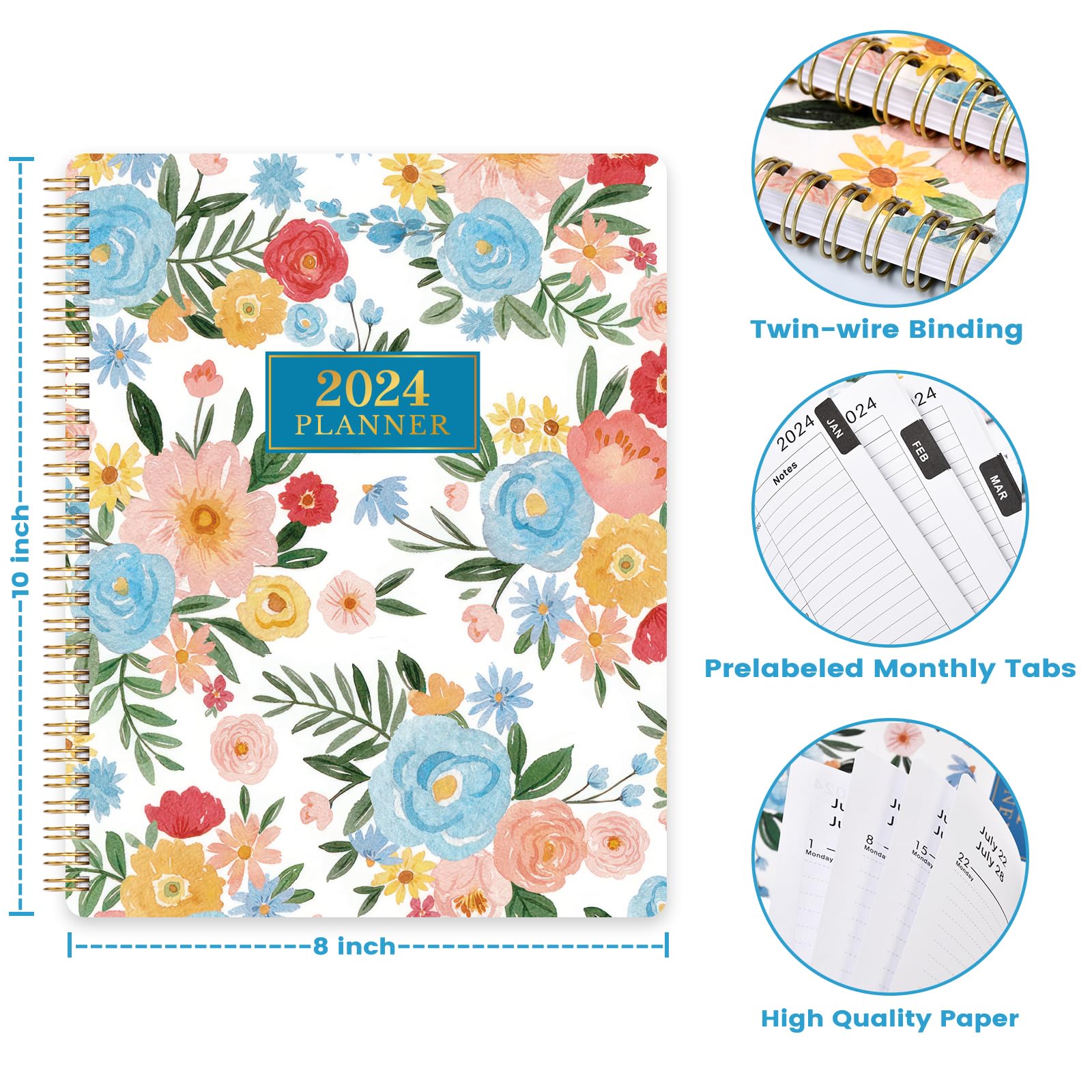 2024 Planner - 2024 Planner Weekly and Monthly, Jan 2024 - Dec 2024, 8" x 10", 2024 Calendar Planner with Printed Tabs, Flexible Cover, Premium Paper, Holidays, Twin-wire Binding, Perfect Organizer