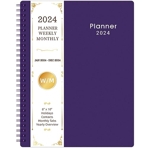 2024 Planner - 2024 Planner Spiral Bound, Jan. 2024 - Dec. 2024, 8”× 10”, 2024 Weekly & Monthly Planners for Women/Man with Printed Monthly Tabs, Strong Twin-Wire Binding, Waterproof Cover