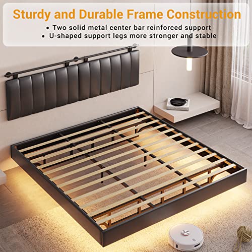 DICTAC King Floating Bed Frame with LED Lights and Wall Mounted Headboard Modern Upholstered Platform Low Profile LED Bed Frame King Size, No Box Spring Needed, Noise Free, Easy Assembly,Black