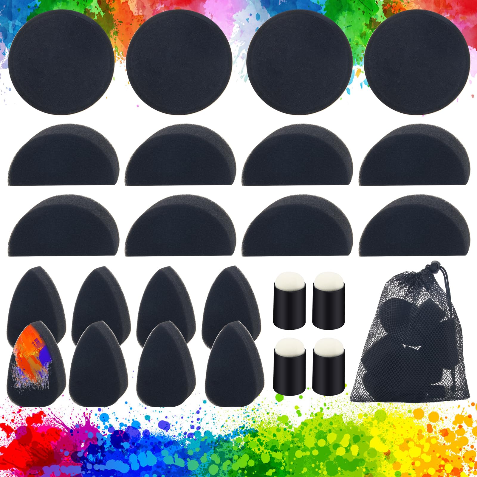 24+1 Pcs Face Paint Sponges Kit, Boyistar Art Work Sponge Body Painting Sponge for Face High Density 8P Half Moon, 8P Oval, 4P Round, 4P Finger Sponge for Makeup Body Paint with Storage Bag