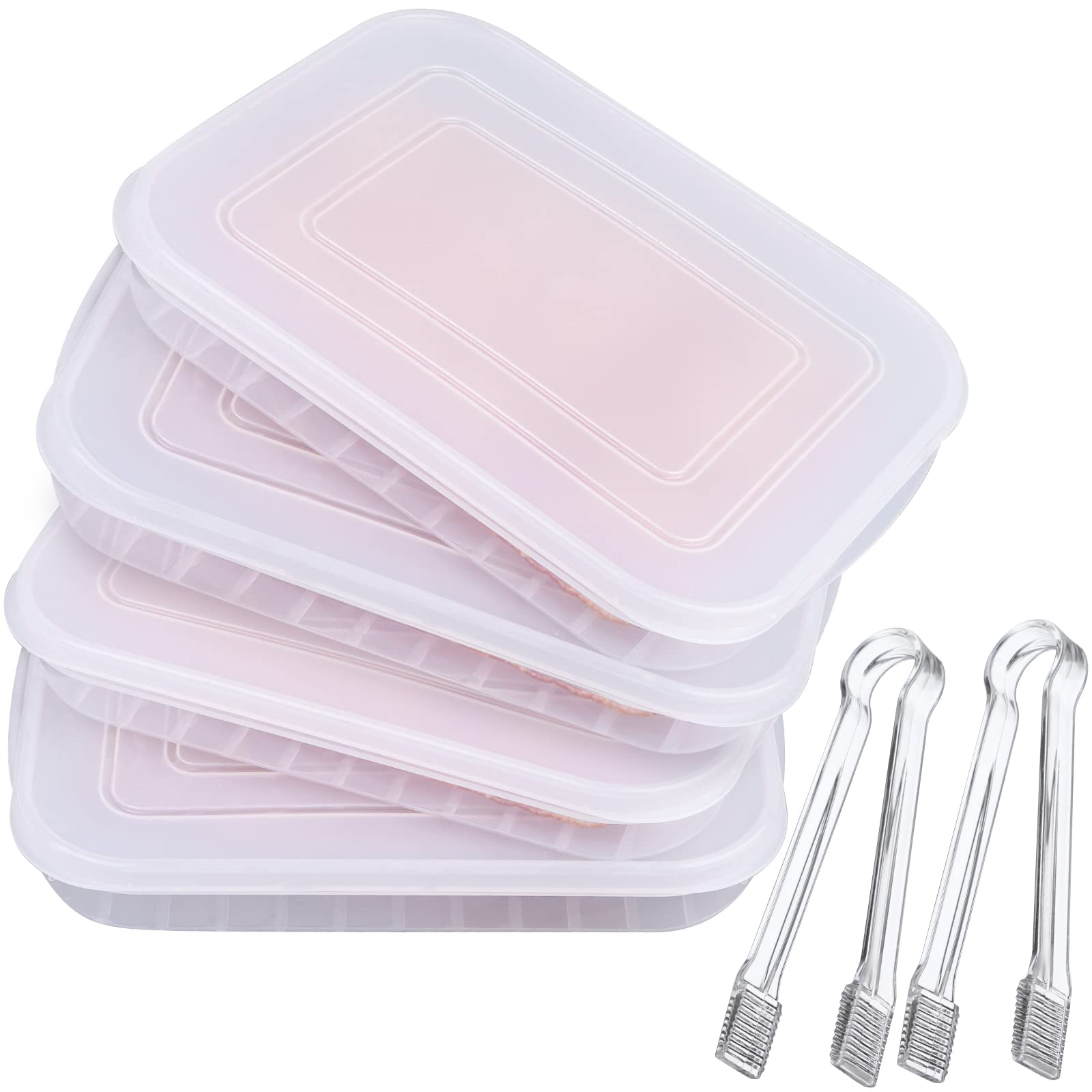 4 Packs Bacon Keeper for Refrigerator Deli Meat Container for Fridge with Lids Airtight Cold Cuts Storage Containers for Fridge Food Shallow Low Profile Bacon Holder with 2 Pcs Buffet Serving Tongs