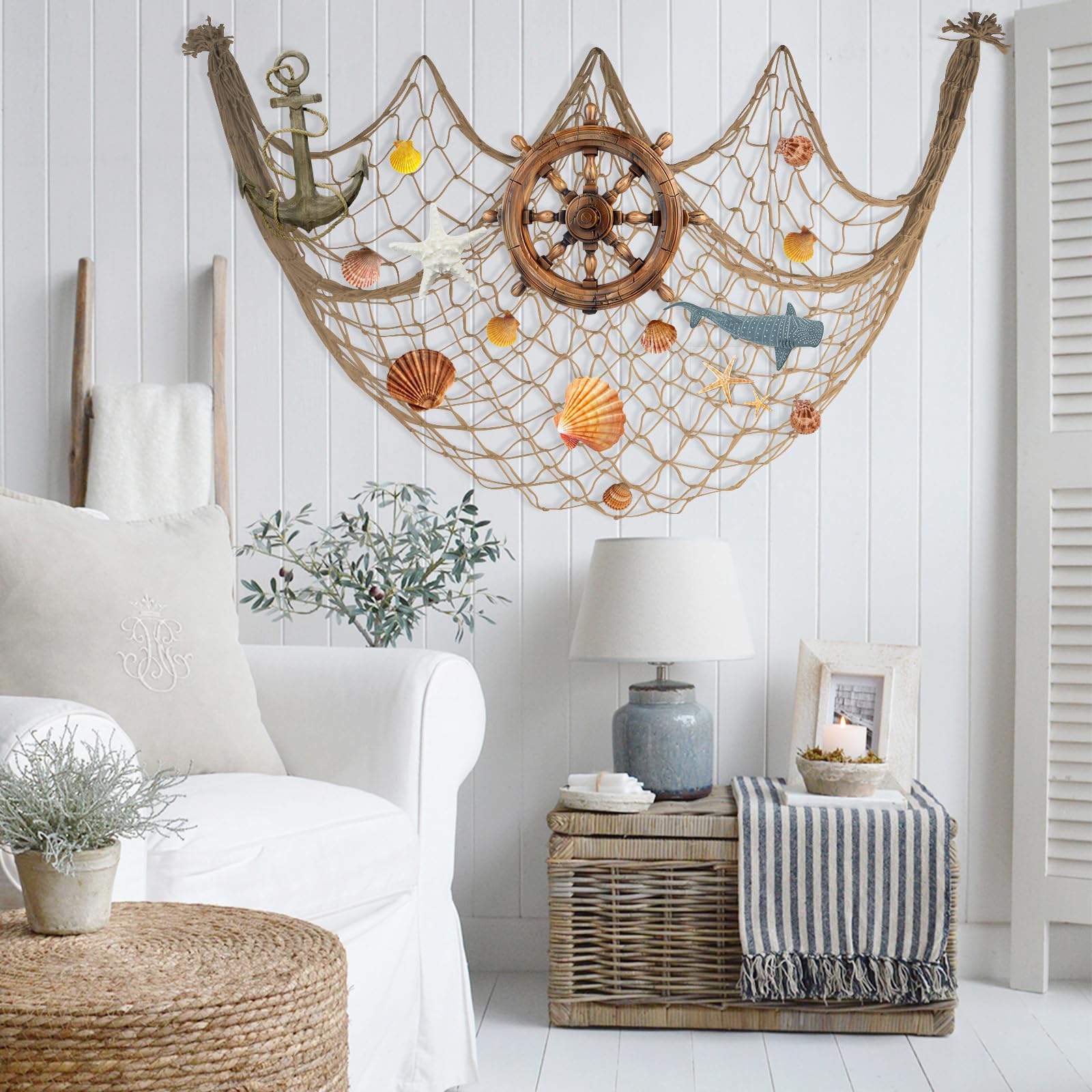 80x40 Inch Decorative Fishing Net w/Shells & Clips, 3mm Thickness Brown Natural Cotton Large Photo Hanging Fishnet, Wall Party Decorations for Nautical Pirate Hawaii Underwater Mermaid Themed Party