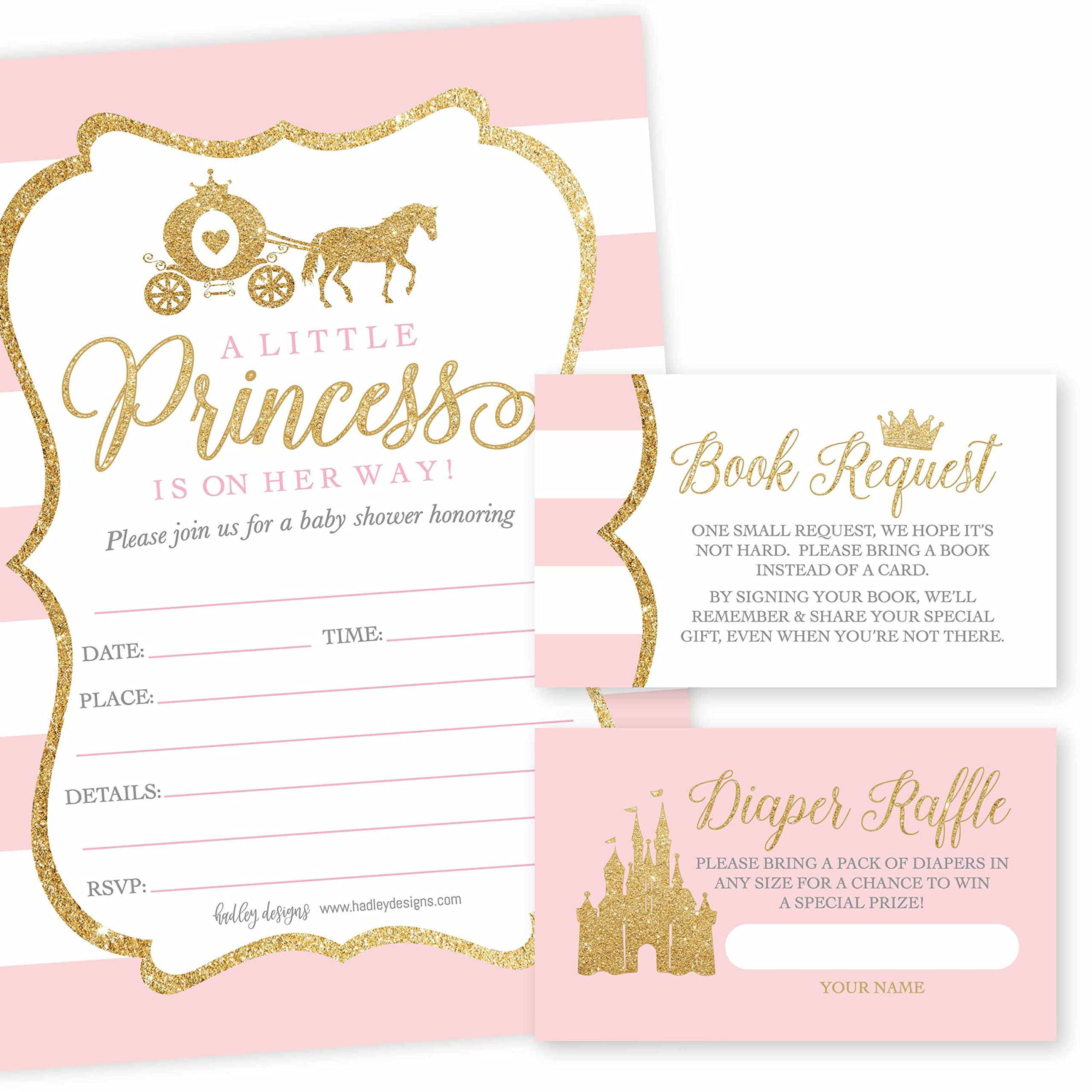 25 Little Princess Baby Shower Invitations, 25 Books For Baby Shower Request Cards, 25 Baby Shower Diaper Raffle Tickets For Baby Shower Girl, Cute Pink & Gold Write in Diaper Raffle Cards