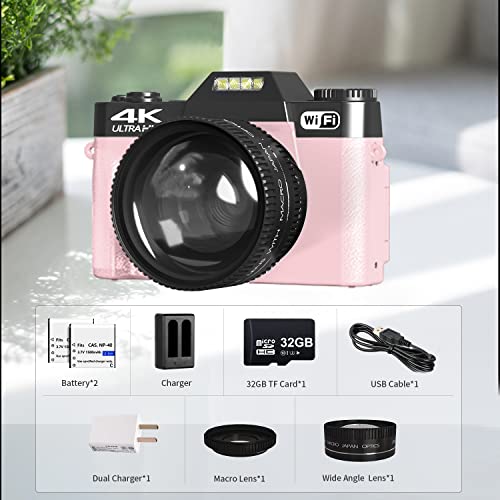 Digital Camera for Photography VJIANGER 4K 48MP Vlogging Camera for YouTube with WiFi, 16X Digital Zoom, 52mm Wide Angle & Macro Lens, 2 Batteries, 32GB TF Card(W02-Pink31)