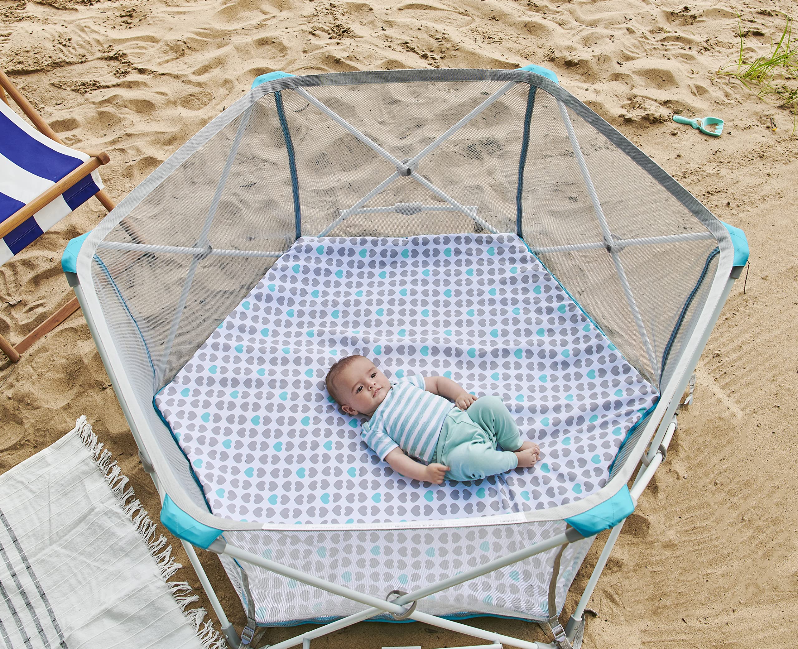 Regalo My Portable Play Yard Deluxe with Removable Pad, Indoor and Outdoor, Bonus Kit, Aqua, 6-Panel