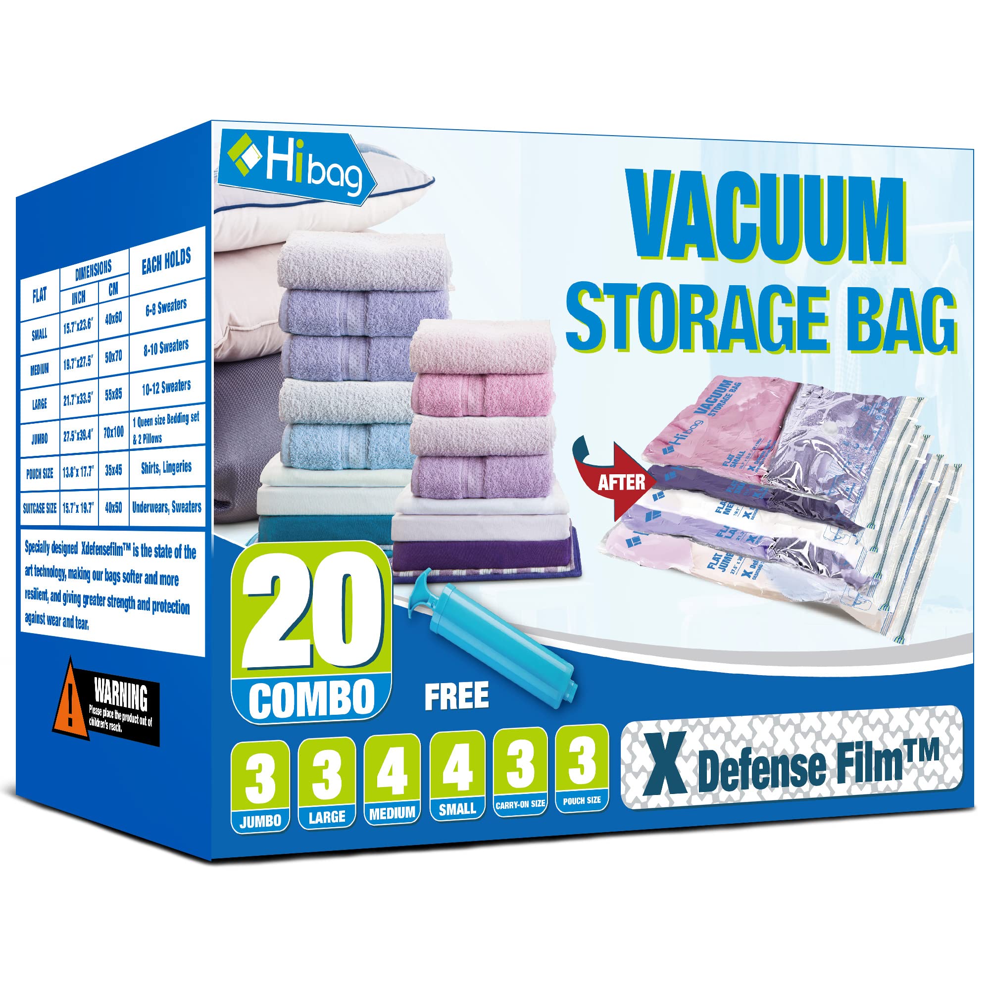 HIBAG Vacuum Storage Bags, Space Saver Vacuum Seal Storage Bags 20-Pack Sealer Bags for Clothes, Clothing, Bedding, Comforter, Blanket (20C)