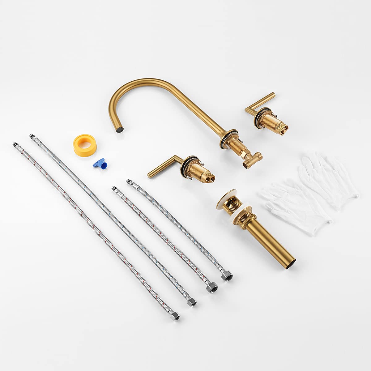 2-Lever Handle 8 Inch Bathroom Sink Faucet with Pop Up Drain Assembly 3 Hole Deck Mounted Come with Water Supply Hoses (Brushed Gold)