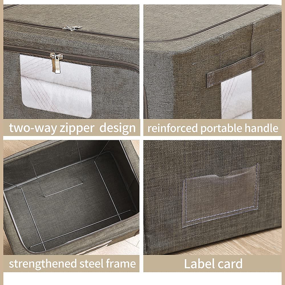 BESTUNIHOM Stackable Oxford Storage Bins with Transparent Windows for Clothing, Quilts, Blankets, Foldable Bedroom Storage Closet Organizers, 2 Pcs Brown 60L SNX-NJB012PBR60