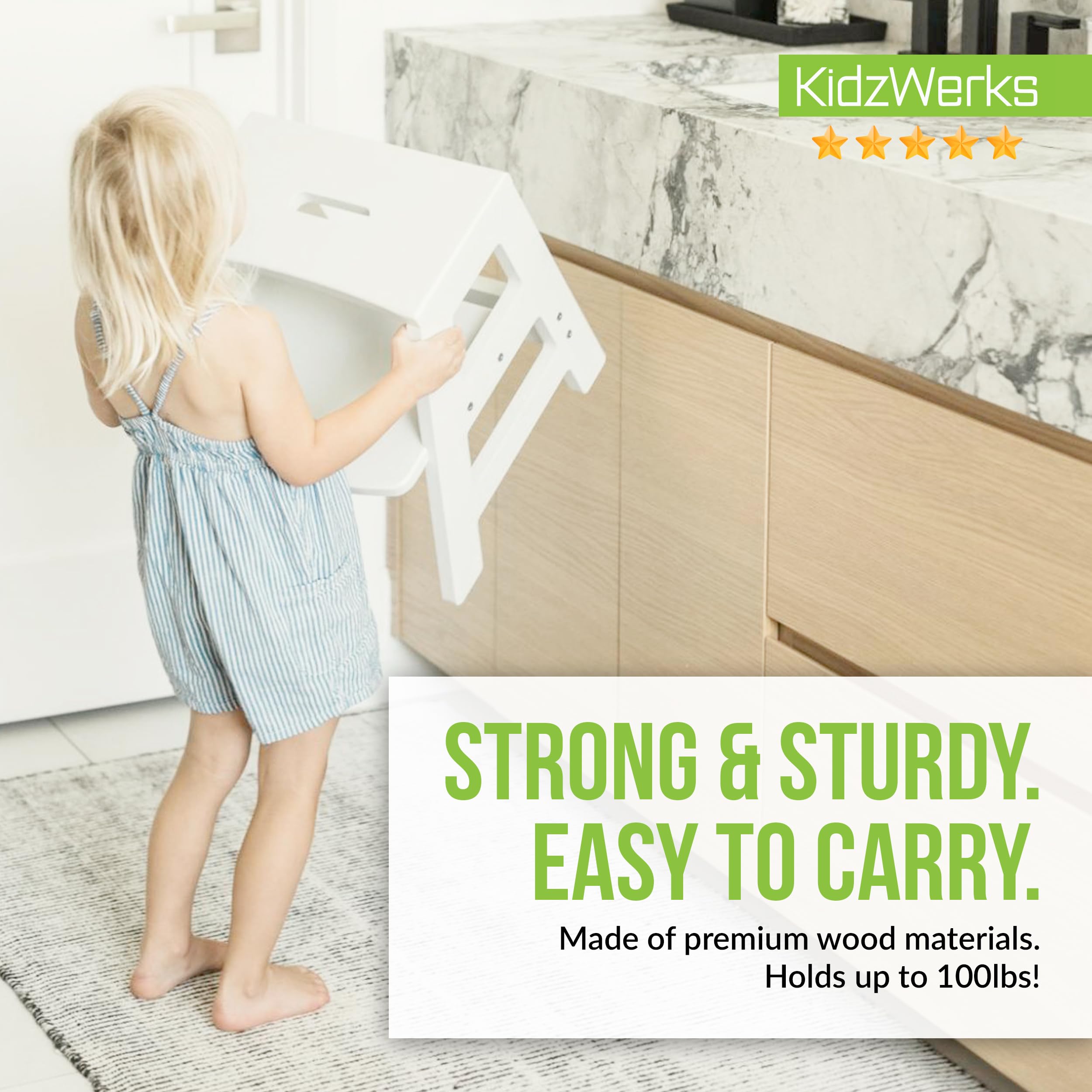 KidzWerks Kids Step Stool for Toddlers Bathroom Kitchen Potty Wooden Children’s Stepping Standing 2-Step Ladder, Grey