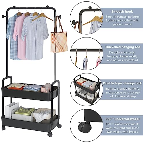 ACCSTORE Metal Clothing Racks, Freestanding Trolley Coat Rack With Wheels,Garment Rack For Storage,Clothes Rack,Heavy Duty Clothing Rack,Garment Racks With 2 Tier Plastics Storage Shelf,Black