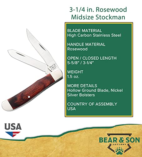 Bear & Son 218R Rosewood Three-Blade Midsize Stockman Slip Joint Knife, 3 1/4-Inch