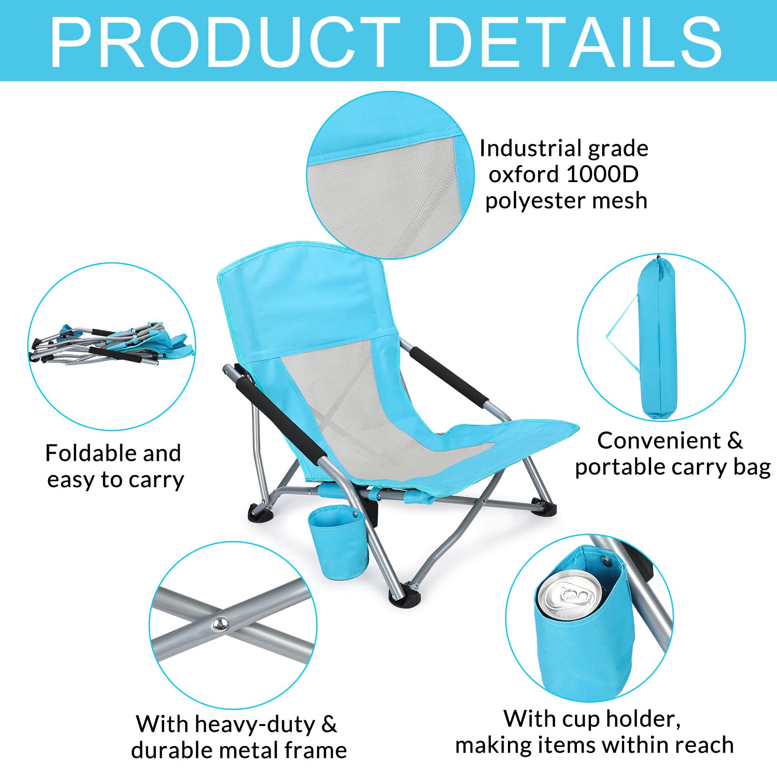 4 Pcs Beach Chairs for Adults Folding Beach Chairs Low Seat Camping Stool Mesh Back Beach Portable Chair with Cup Holder Carry Bag for Outdoor Lawn Picnic Beach Camping (Blue)