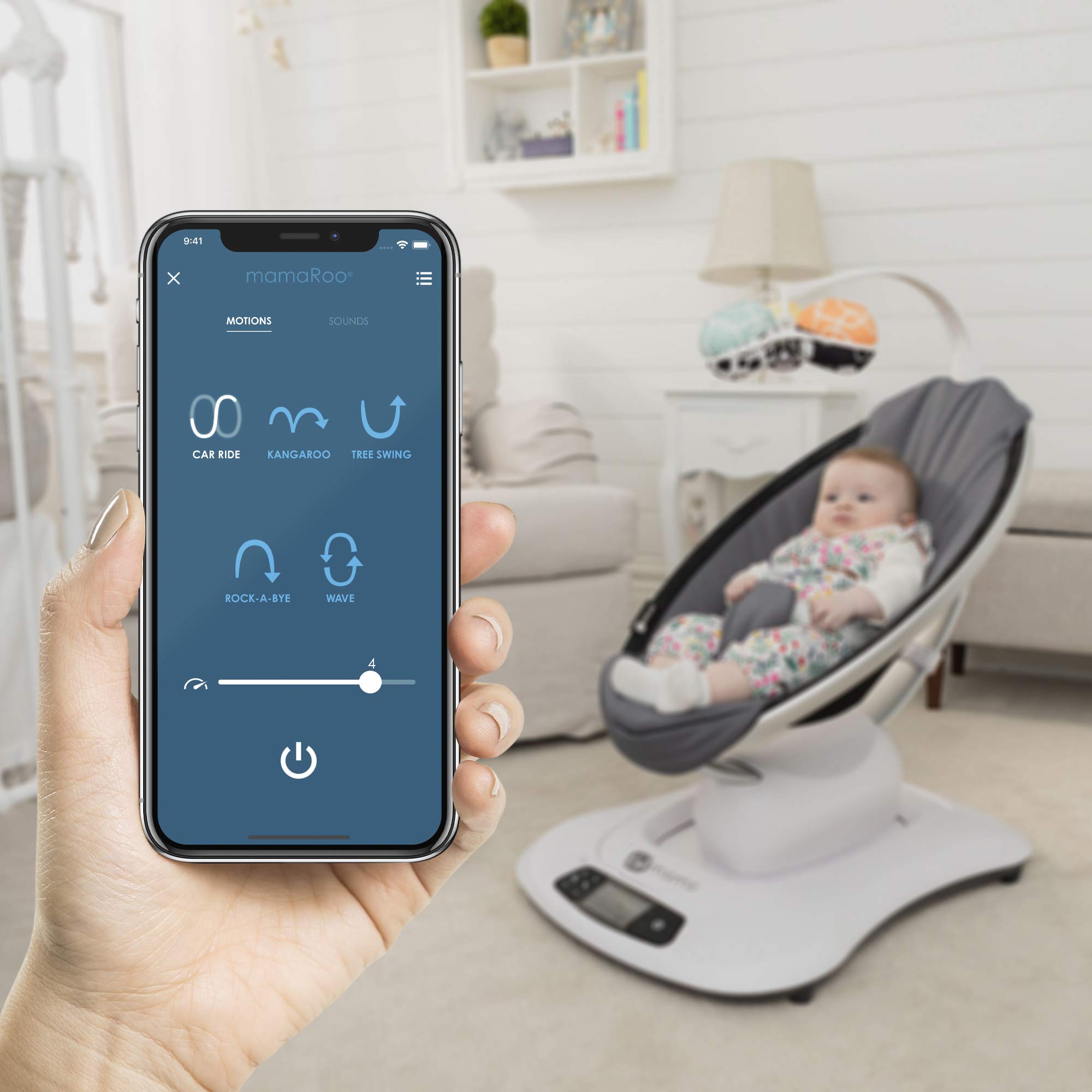 4moms mamaRoo 4 Multi-Motion Baby Swing + Safety Strap Fastener, Bluetooth Baby Swing with 5 Unique Motions, Cool Mesh Fabric, Dark Grey