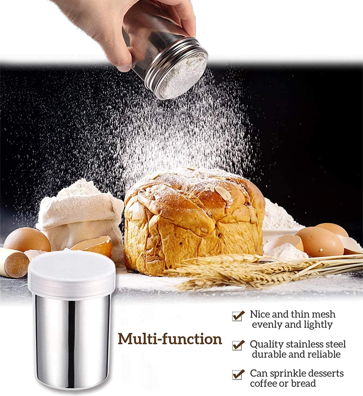 4 Pcs Flour Dusting Wand for Baking Kitchen, Powdered Sugar Flour Duster Dispenser Shaker for Sugar, Flour and Spices, Pick Up and Dust Flour Sifter, 18/8 Stainless Steel, Printing Molds Stencils