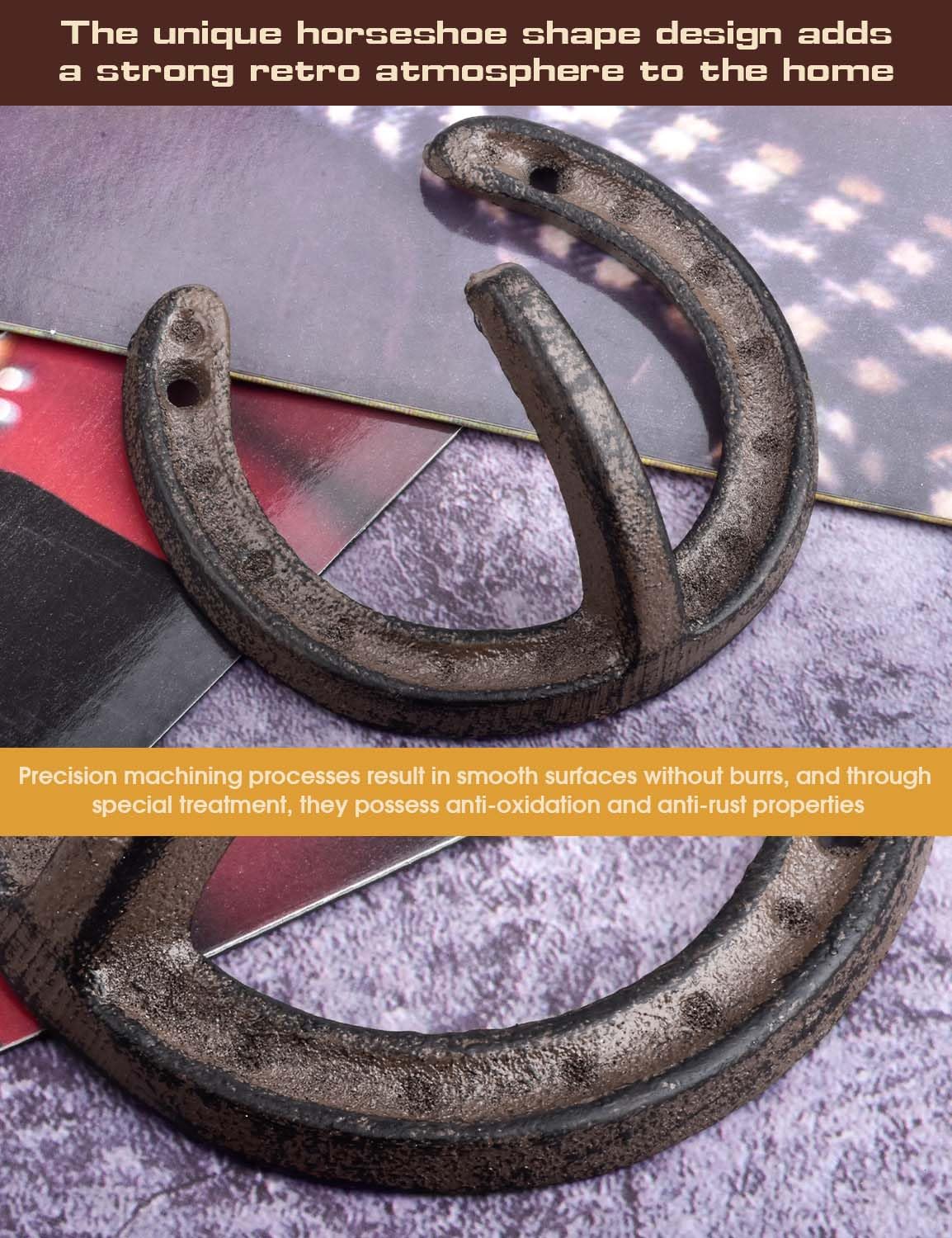 4 PCS Coat Hooks Cast Iron Wall Hooks Horseshoe Hooks Vintage Hanger for Hanging Coat Hat Bags Key Towel(Rust)