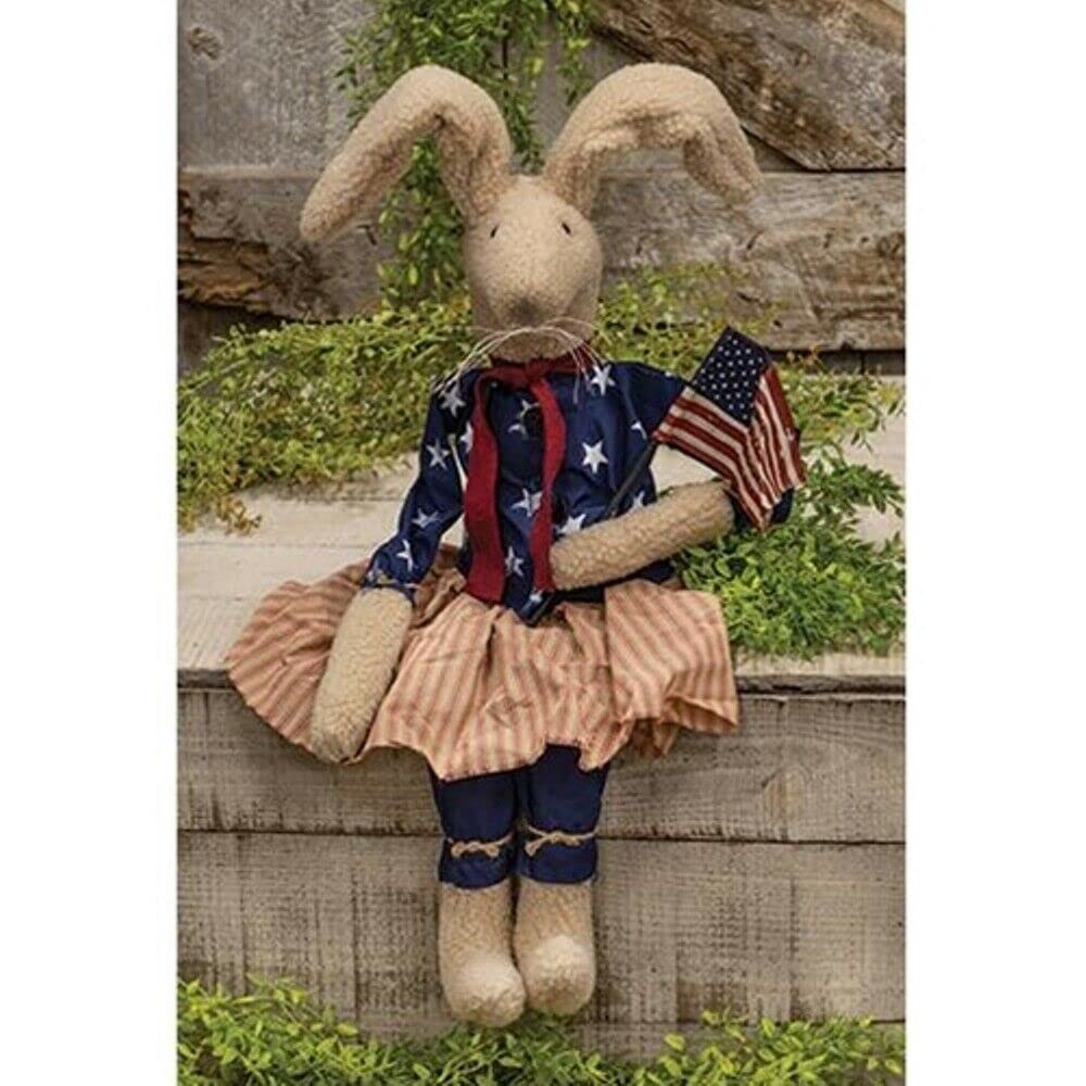 Betsy Bunny Americana Patriotic Primitive Folk Art Natural Ivory Rabbit Doll Home and Garden