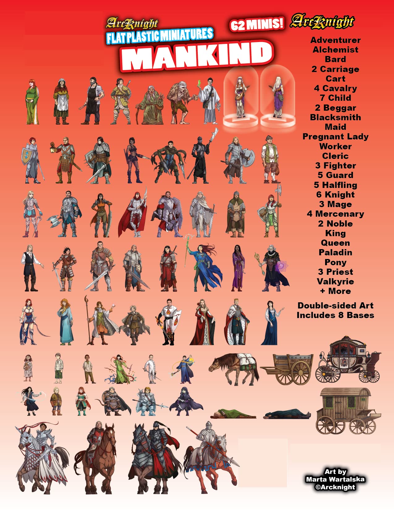 Arcknight Flat Plastic Miniatures: Mankind; 62 Unique Human-Themed Minis for DND 5e and Pathfinder; Affordable, Skinny Figurines for Dungeons and Dragons and Other Tabletop RPG Games