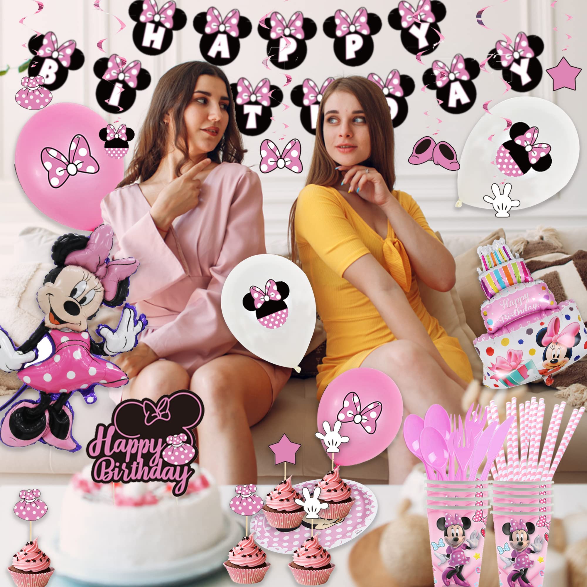 206 Pcs Birthday Party Supplies Serves 20 Guests, Party Decorations with Mouse Banner, Cake Topper, Spoons, Fork, Knife, Napkins, Tablewear,Tablecover and Hanging Swirls