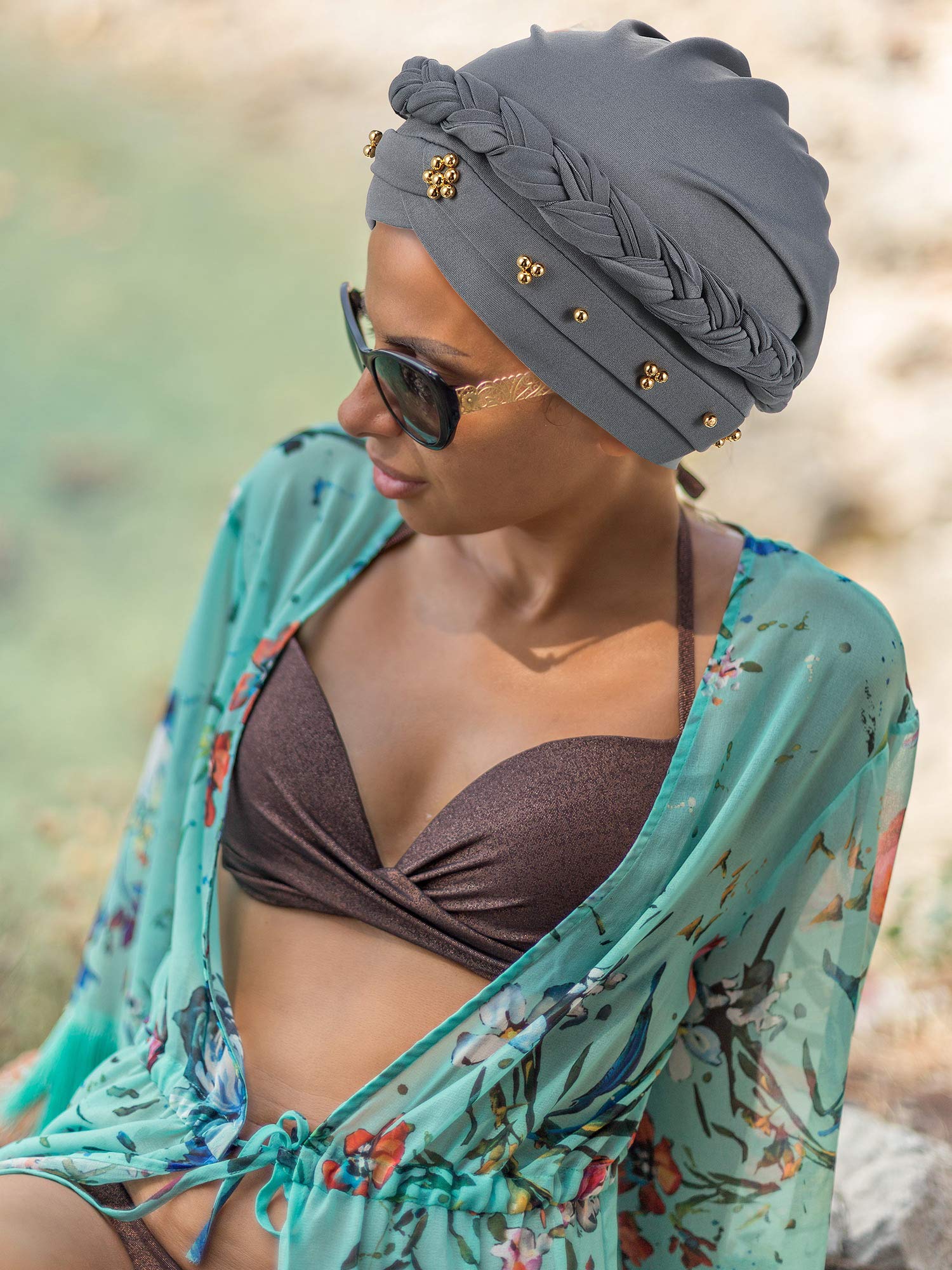 4 Pieces African Women Turban Cap Head Wraps Beaded Headscarf Beanie Wrap (Black, Grey, White, Red,Bead Style)