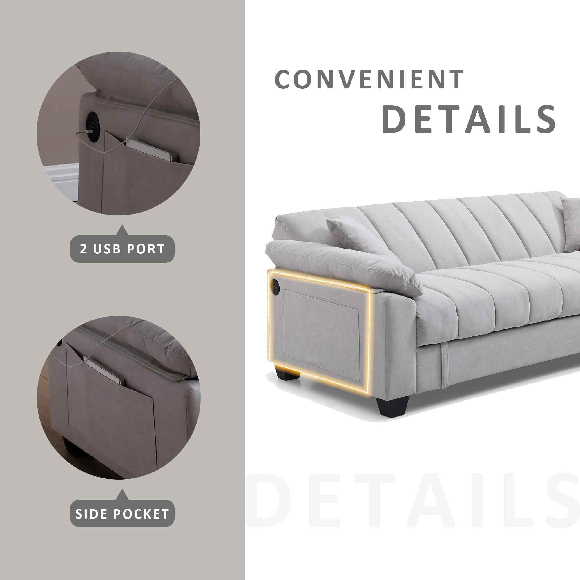 84’’ Convertible Futon for Living Room, Mid-Century Modern Velvet Sofa Bed with Spacious Storage, USB Port & Side Pocket, 3 Level Adjustable Backrest Couch for Small Spaces, Office, Dorm, Pearl Grey