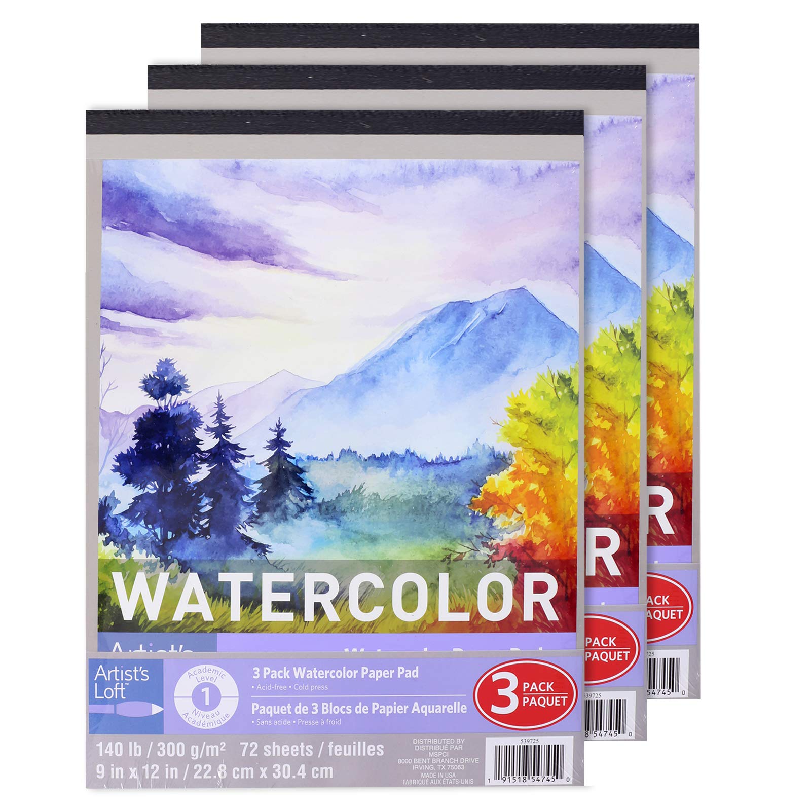 3 Count 9” x 12” Watercolor Paper Pad by Artist's Loft, Watercolor Paper, 140 lb., Thick & Heavy Page Texture