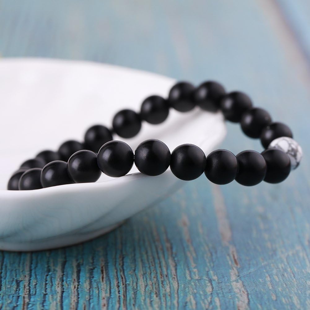 2 Pcs Couple Distance Relationship Bracelets Black Matte Agate & White Howlite Energy Beads Stone Ying Yang Balance Bracelet Banglet for Lovers Touch Bracelets Long Distance Relationship¡