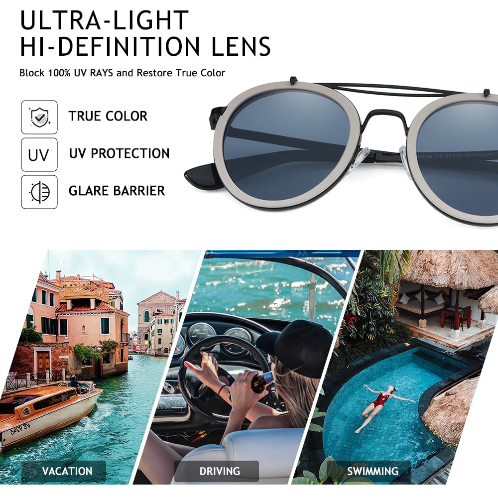2020 VentiVenti Vintage Steampunk Double Bridge Round Polarized Sunglasses Designer Metal Frame For Women Men Grey Frame/Smoke Lens
