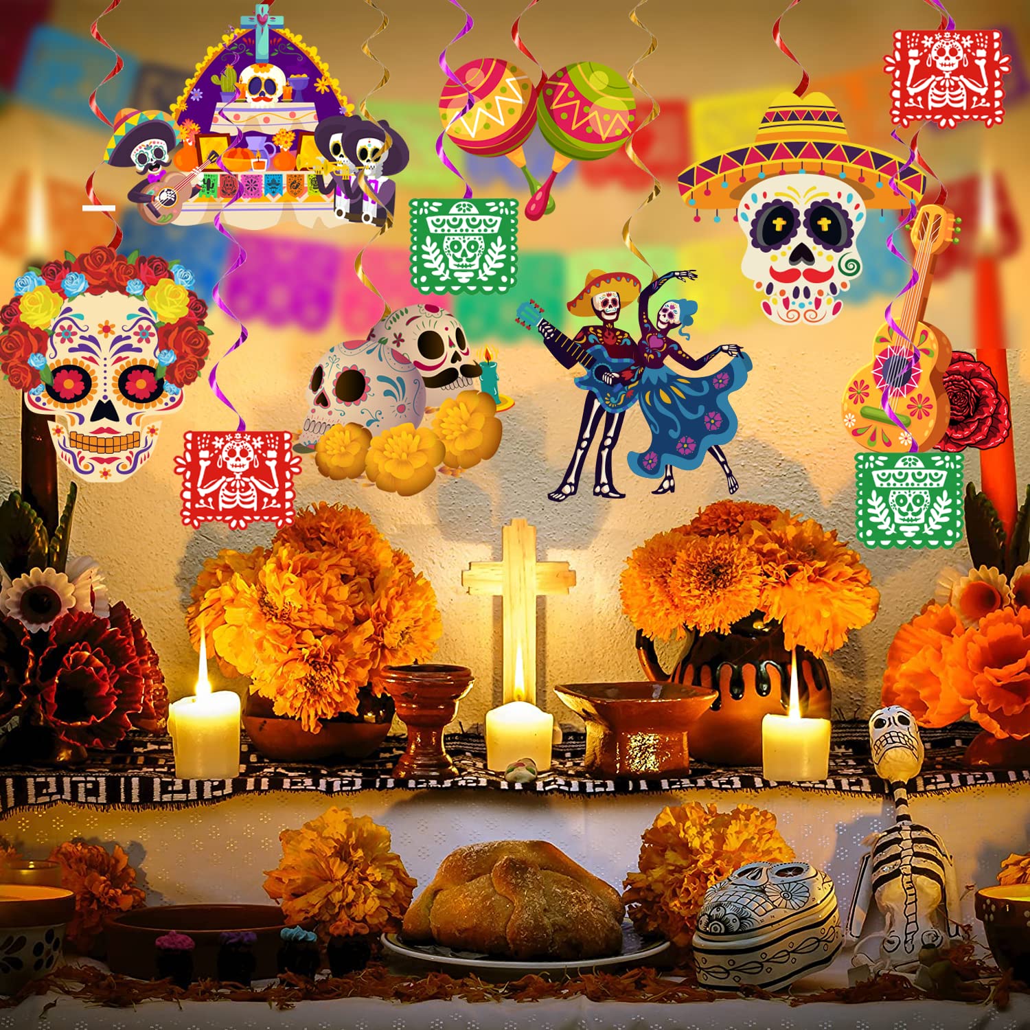 36 Pcs Dia De Los Muertos Decorations banner,NO-DIY Day Of The Dead Decorations Sugar Skull Decorations banner,Dia De Muertos Decorations for Mexican Party Supplies