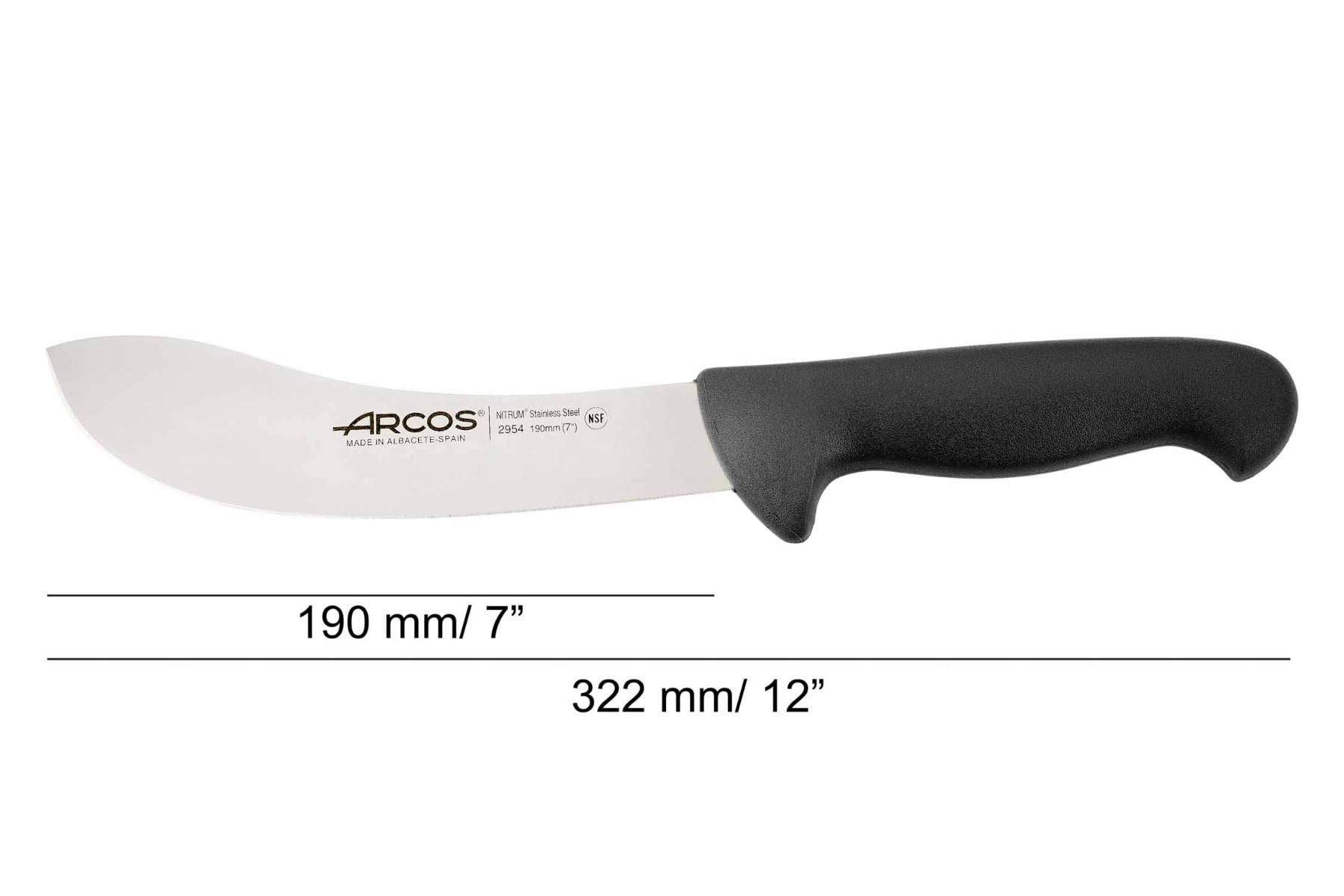 ARCOS Skinning Knife 7 Inch Nitrum Stainless Steel and 190 mm blade. Ergonomic Polypropylene Handle. Series 2900. Features different handle colors to make it easier for each food group. Color Black.