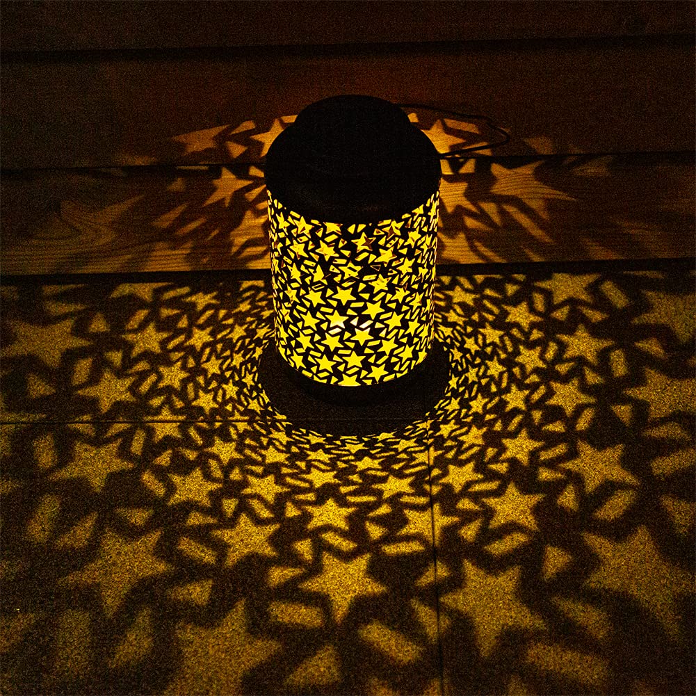 CASLONEE Outdoor Solar Lanterns Hanging Garden Lights Porch Decoration Warm White Lantern Hollow Out LED Lights Solar Powered Tabletop Lamp (1 Pack)