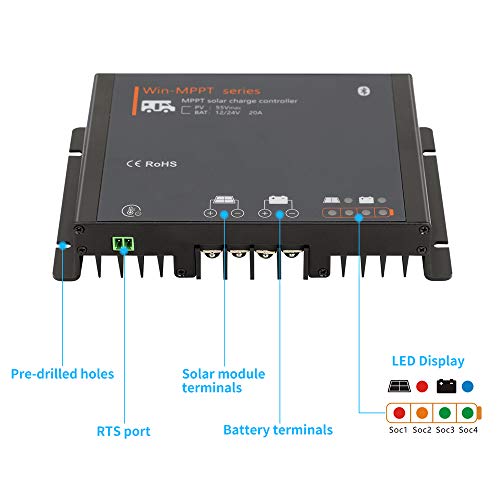 20A mppt Charge Controller, 12V/24V Negative Ground Solar Charge Controller Regulator, Compatible with Bluetooth, Lead-Acid Lithium, RV Boat Truck House System