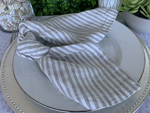 Linen Napkins β 100% French Flax β Stonewashed Pure Linen Cloth Napkins β Mitered Corners β Set of 4 (Gray/White Stripe)