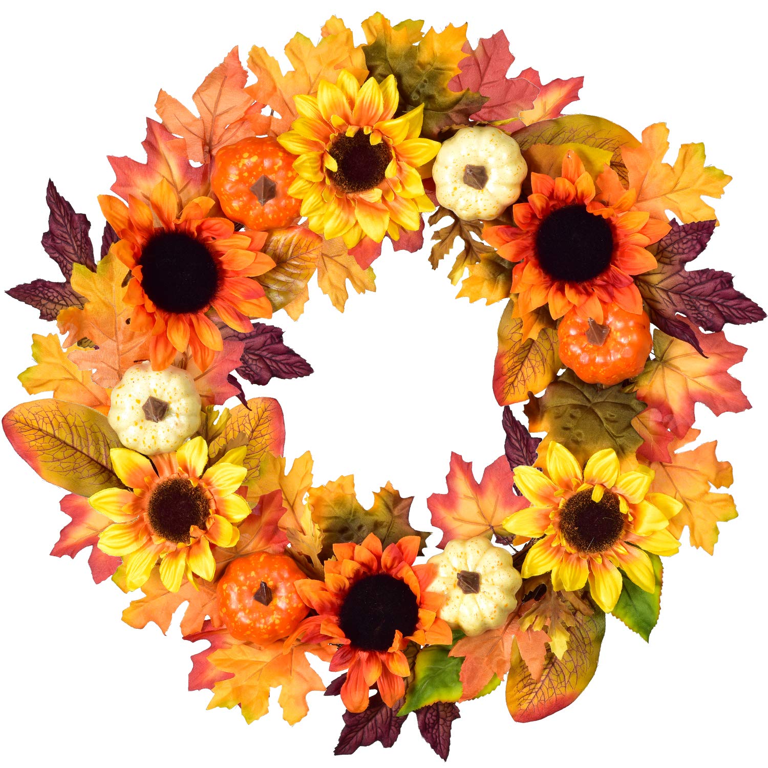20Inch Artificial Sunflower Pumpkin and Maple Leaf Wreath for Halloween and Thanksgiving Home Indoor or Outdoor Arrangement Decoration