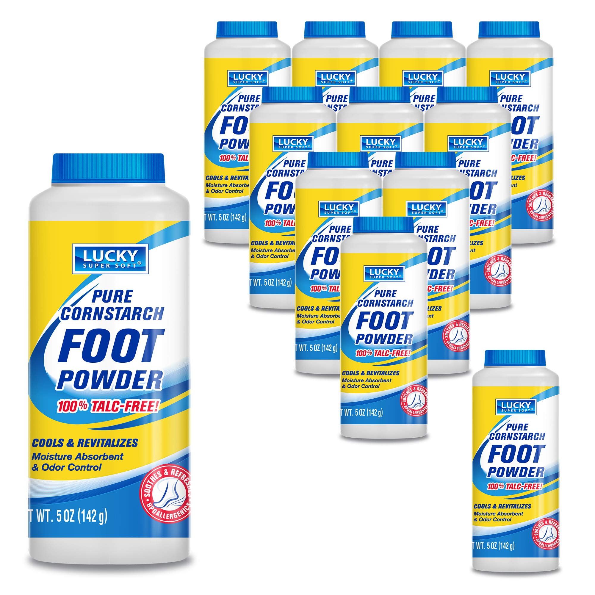 Lucky Super Soft Cornstarch Foot Powder, Talc-Free, Moisture Absorbing Odor Fighting Formula, Natural Protection Against Chafing - (12, 5-Ounce Bottles)
