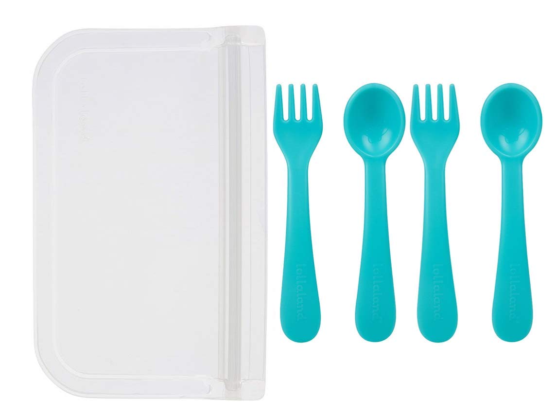 Lollaland 5 Piece Plastic Toddler Silverware Spoon and Fork Utensil Set - Reusable Toddler Cutlery with Hygienic Travel Pouch (Turquoise)