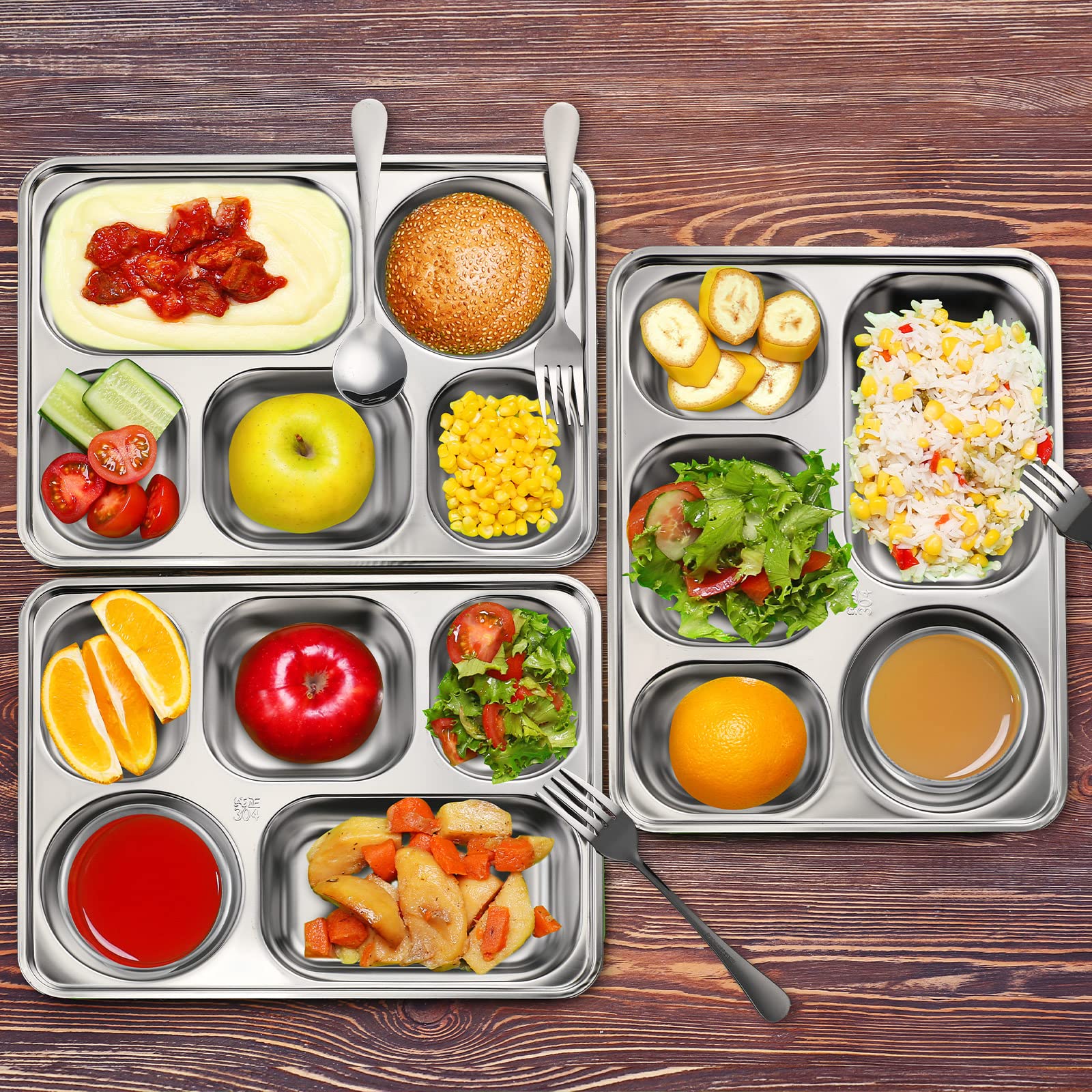 20 Pcs Stainless Steel Dinnerware Set, Including Stainless Steel Rectangular Divided Dinner Tray Spoons and Forks Set Silver Stainless Steel Cups and Stainless Steel Bowl for Home Kitchen Restaurant