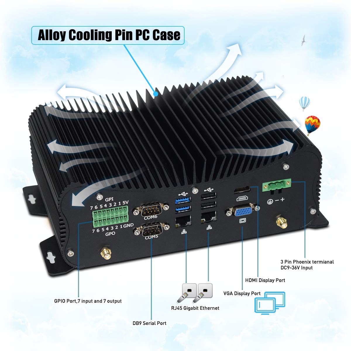 Fanless Industrial Mini PC 64GB RAM 1TB SSD 2TB HDD Windows 10 Pro i7 8550U Mini Desktop Computer Dual Displays HD + VGA, 4K, Dual band WiFi, BT4.0, 2 NIC, GPIO port, 6RS232 COM, Full Metal Case