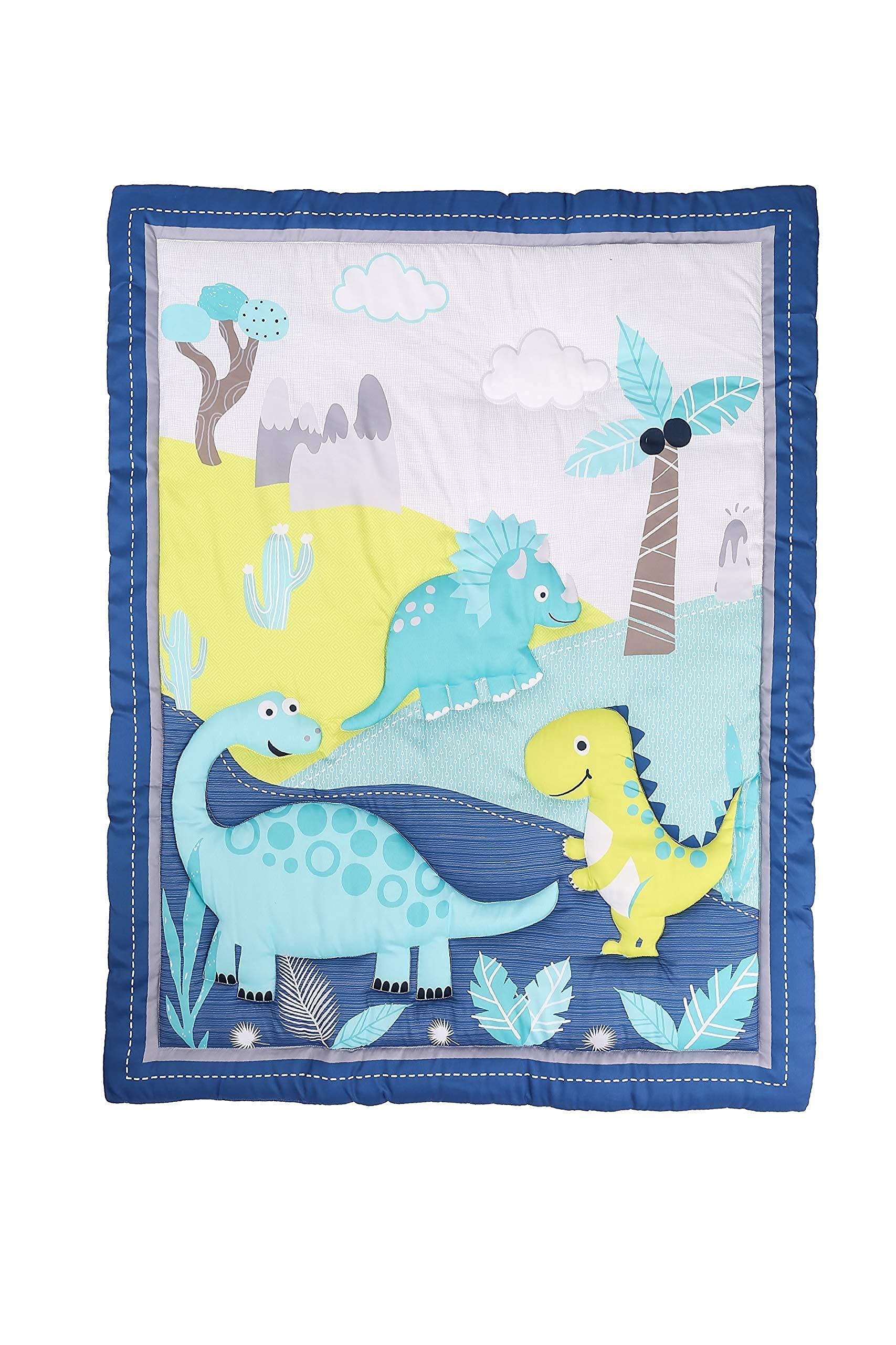 HUPO 4 PC Dinosaur Crib Bedding Sets for Baby Boys,Yellow/Navy Blue Nursery Crib Set Including Crib Skirt/Crib Quilt/2 Crib Sheet