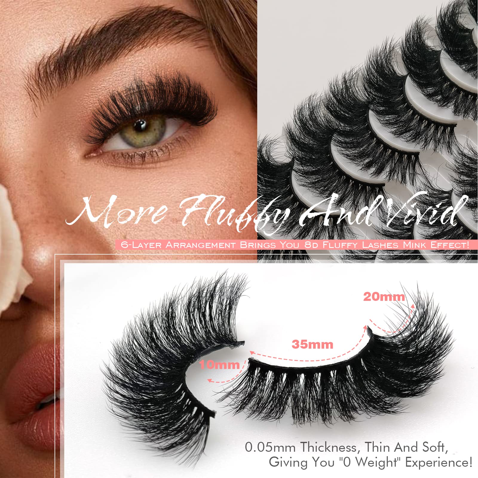 20mm False Eyelashes Cat-Eye Fluffy Mink Lashes, Faux Mink Eyelashes 10 Pairs, 8d Dramatic Long Thick Volume Fake Eyelashes(Z67)