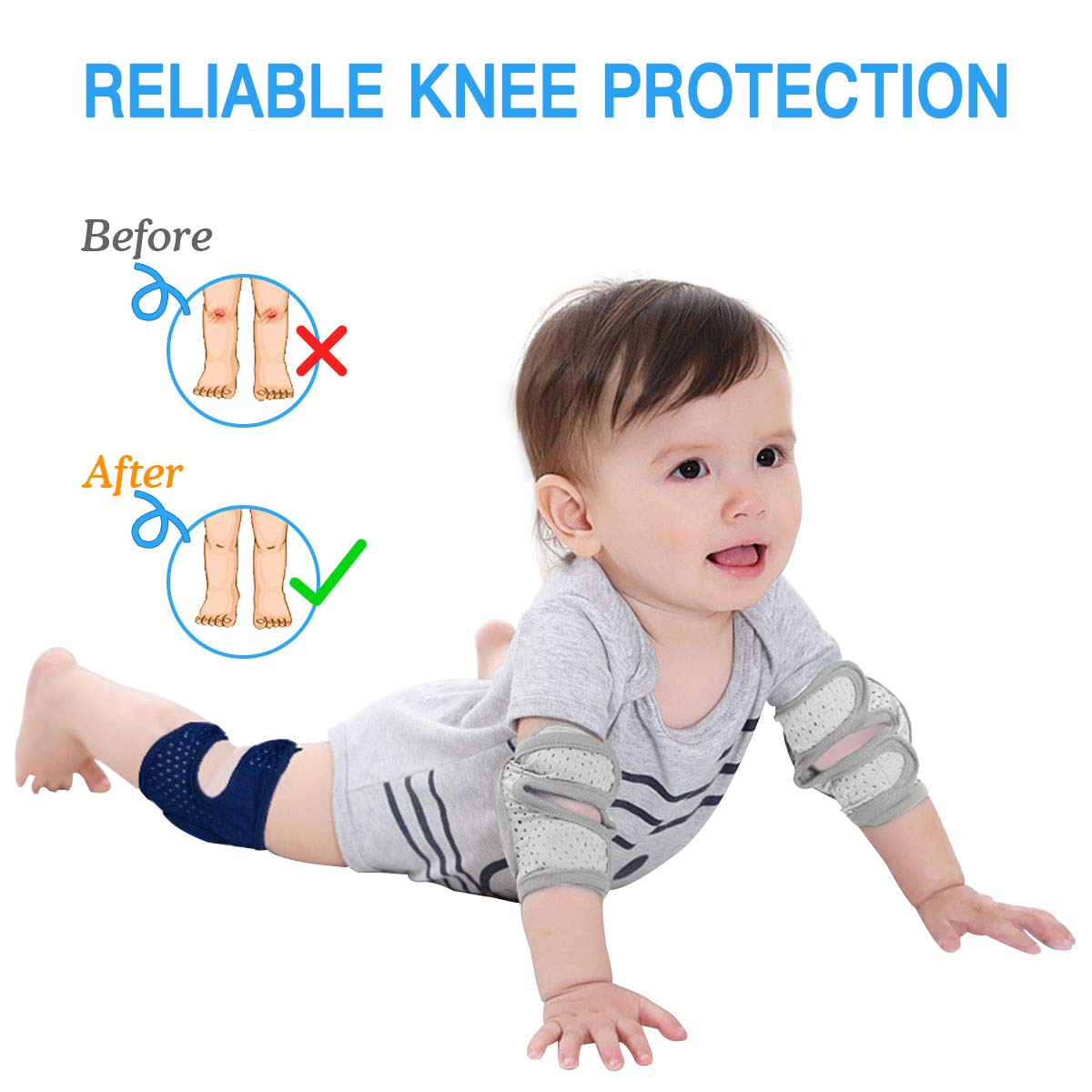 Baby Knee Pads for Crawling, Crawling knee pads for babies,Adjustable Anti Slip Breathable for Crawling Toddling(Unisex-3 sets,blue+grey+green,Size M)