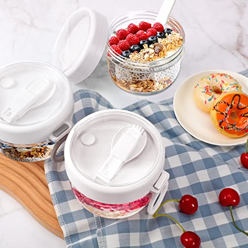 4 Pcs Overnight Oats Container with Lids and Spoons, 20 oz Plastic Overnight Oats Jars Large Capacity Airtight Yogurt Container for Milk, Fruit, Cereal and Salad Storage (White)