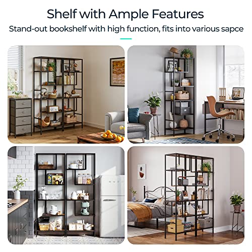 LINSY HOME 5-Tier Bookshelf, 68 Inches Metal Industrial Bookcase, Display Rack with Steel Frame, Storage Rack Shelf for Office, Bathroom, Living Room, Rustic Wood