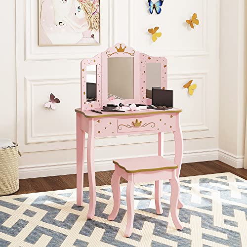 UTEX Pretend Play Kids Vanity Table and Chair Vanity Set with Mirror Makeup Dressing Table with Drawer,Play Vanity Set,Pink