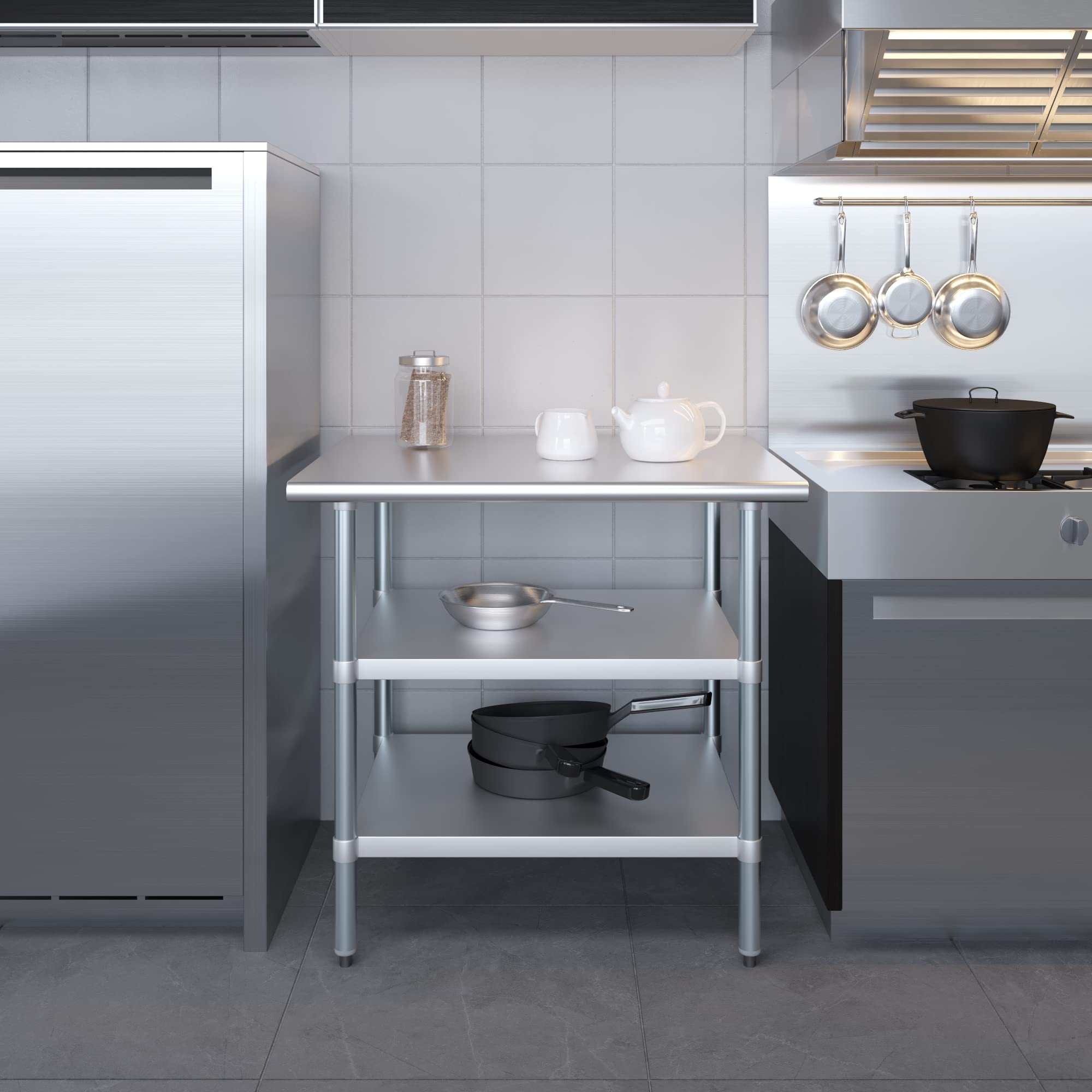 36" Long X 30" Deep Stainless Steel Work Table with 2 Shelves | Metal Food Prep Station | Commercial & Residential NSF Utility Table
