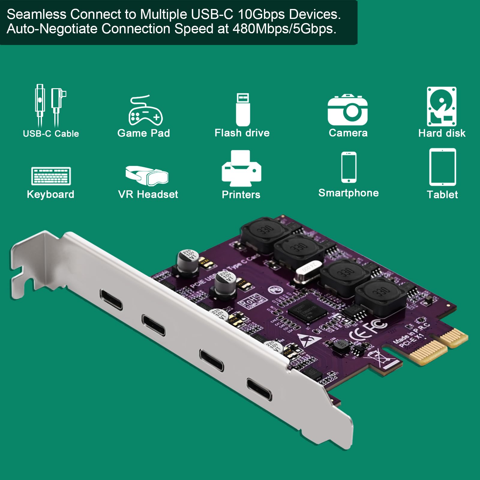 FebSmart 4X 5Gbps USB-C Ports PCI Express USB 3.0 Expansion Card for Windows 11, 10, 8.x, 7, Vista, XP Desktop PCs, Built in Self-Powered Technology, No Need Additional Power Supply (FS-U304C-Pro)