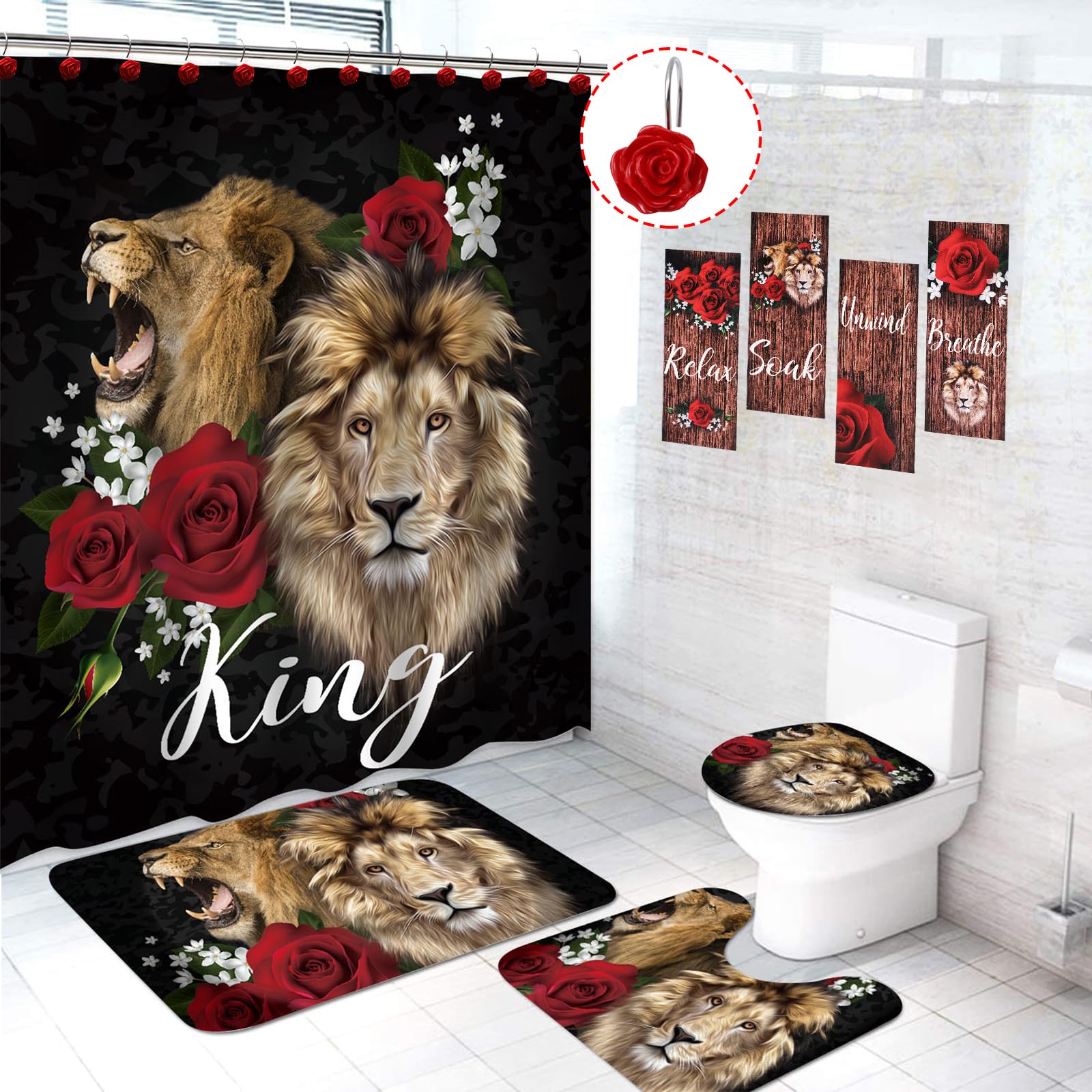 20Pcs Bathroom Sets Rose and Lion Shower Curtain Set with Non-Slip Rugs, Toilet Lid Cover and Bath Mat, 12 Resin Hooks, Bathroom Wall Sign Decor Set
