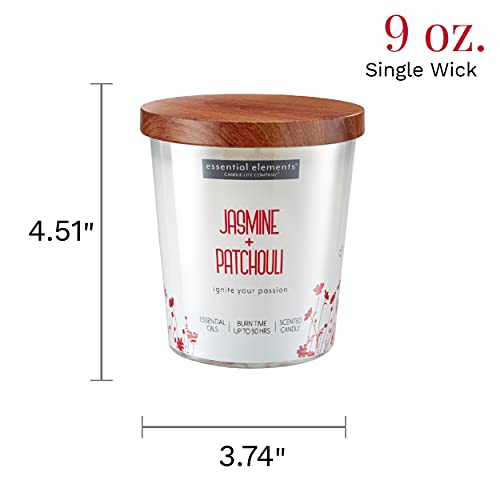 Essential Elements by Candle-lite Scented Candles, Jasmine & Patchouli Fragrance, One 9 oz. Single-Wick Aromatherapy Candle with 50 Hours of Burn Time, Off-White Color
