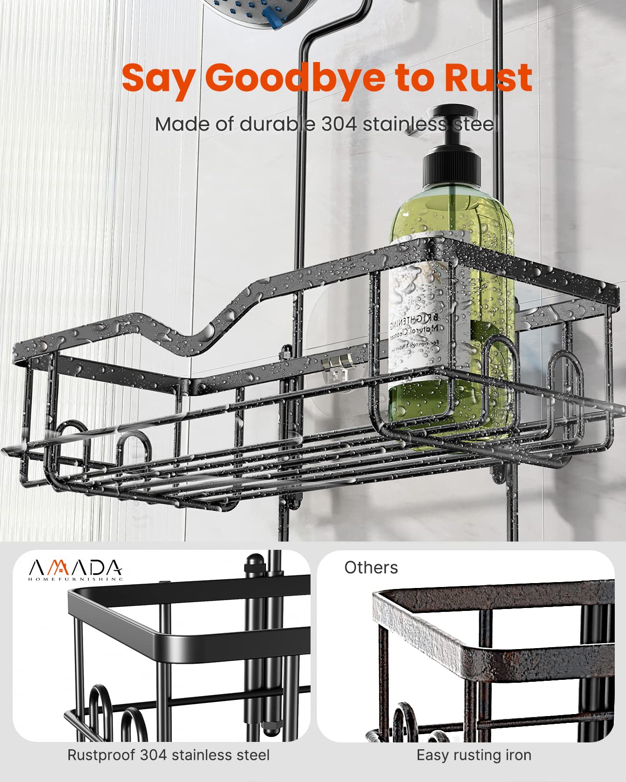 AMADA Hanging Shower Caddy, Shower Caddy Over Shower Head, Rustproof Stainless Steel Shower Organizer with Soap Holder & Hooks, Shower Rack for Shampoo, Sponges, Towels, No Drilling Required, Black